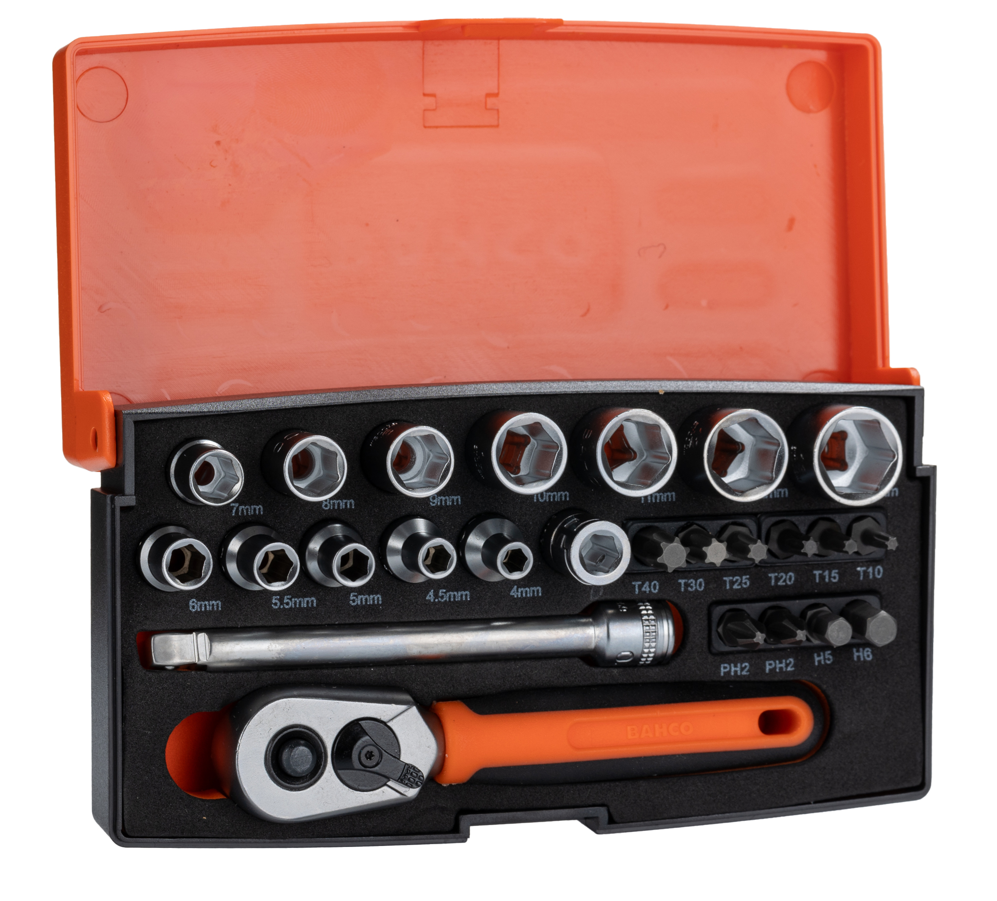 SL25 Bahco 25 Piece Metric 1 4 in Standard Socket Bit Set with Ratchet 6 point Hex Bit Phillips Bit Torx Bit RS