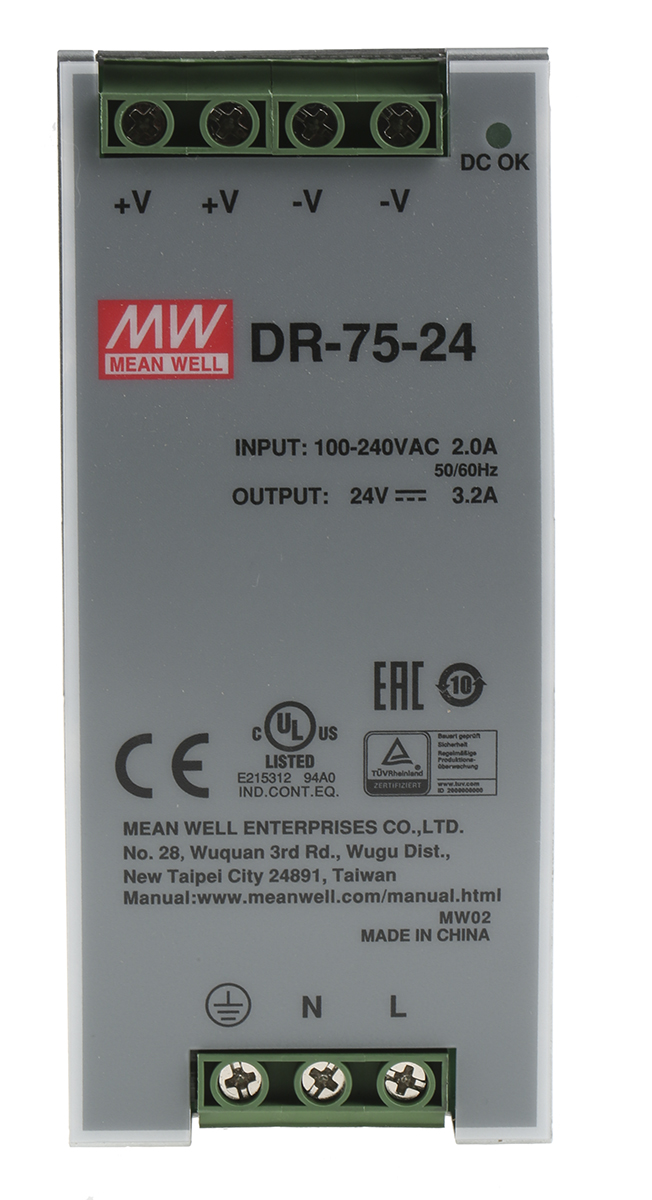 DR-75-24 | Mean Well DR Switch Mode DIN Rail Panel Mount Power Supply, 120 → 370 V dc, 85 → 264 ...