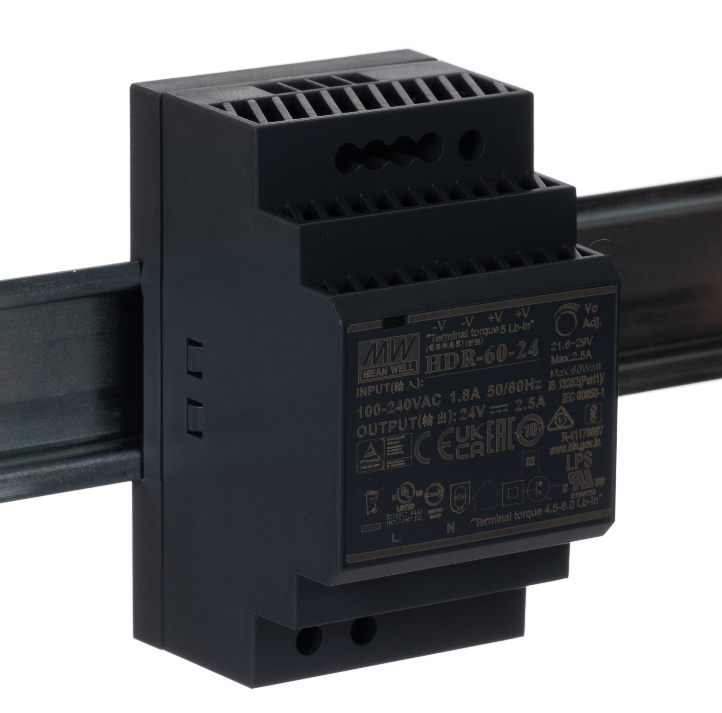 HDR-60-24 | MEAN WELL HDR Switched Mode DIN Rail Power Supply, 85 → 264 V ac, 120 → 370V dc, 24V ...