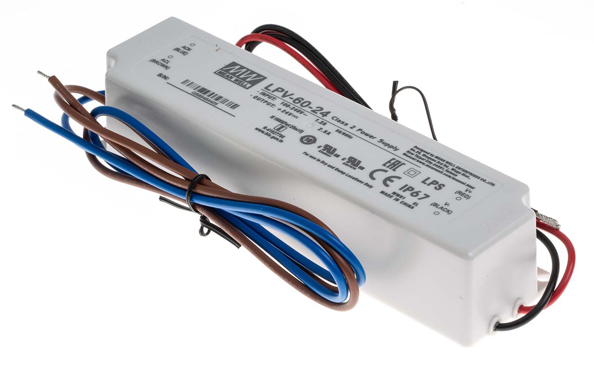 LPV-60-24 | MEAN WELL LED Driver, 24V Output, 60W Output, 2.5A Output, Constant Voltage | RS
