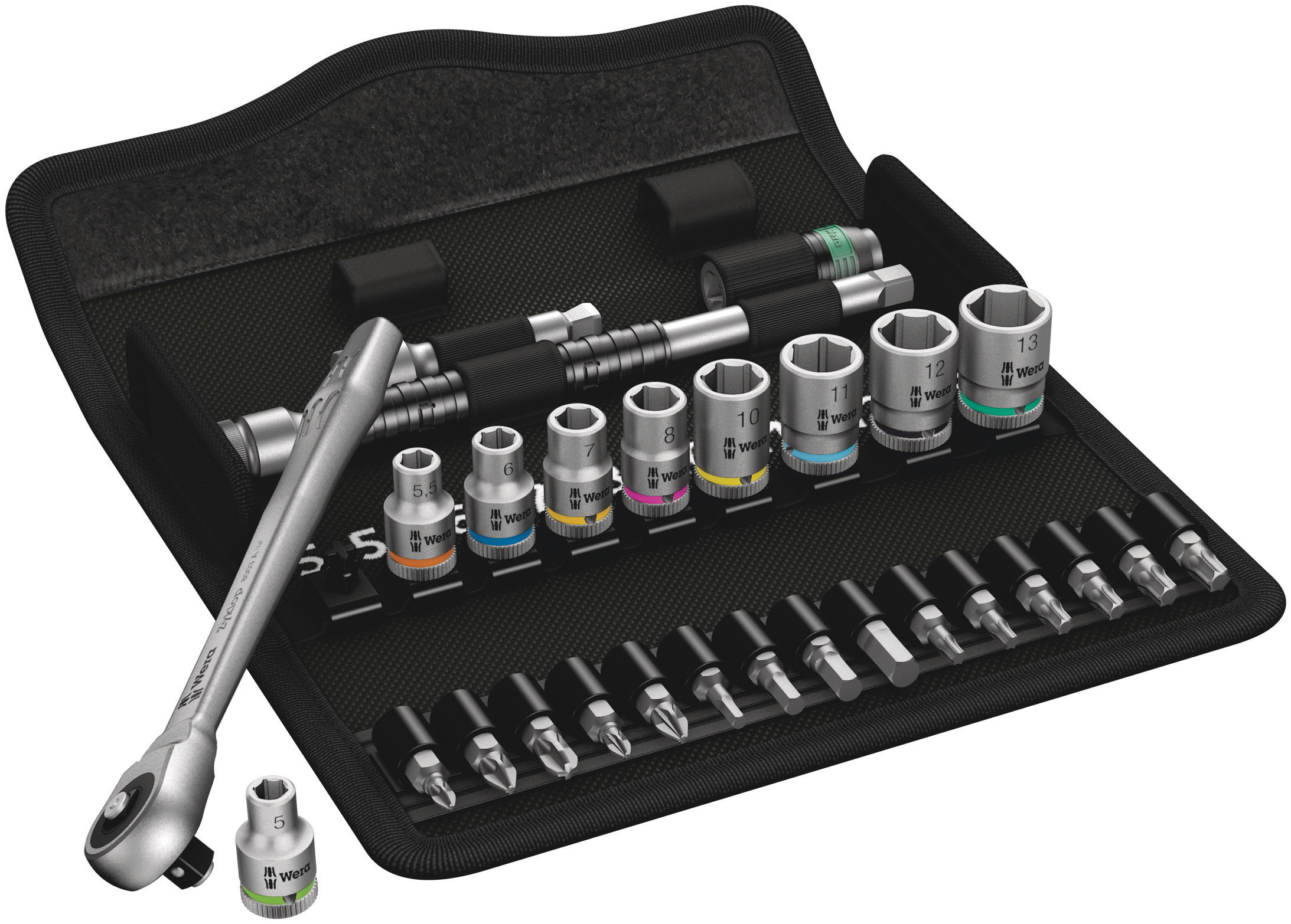 05004017001 Wera 28 Piece Metric 1 4 in Standard Socket Bit Set with Ratchet 6 point Hex Bit Phillips Bit Pozidriv Bit Torx Bit RS