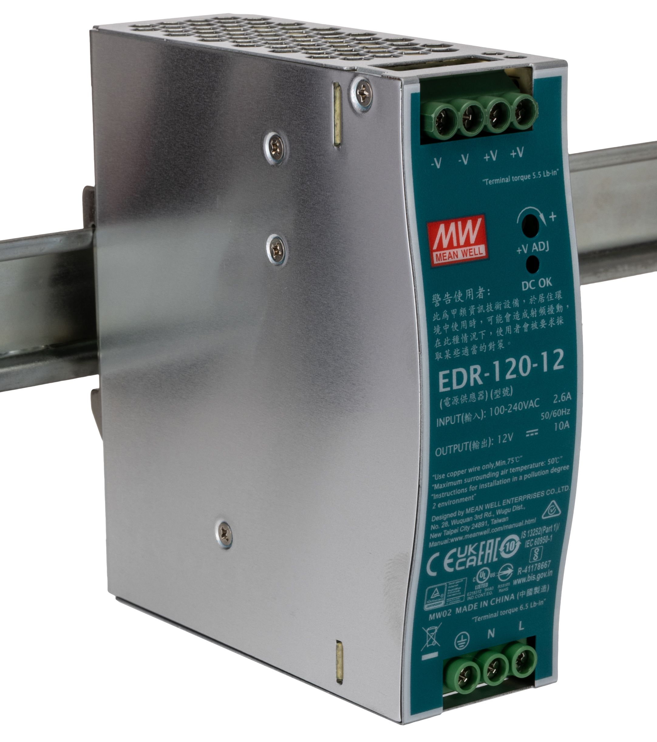 EDR-120-12 | Mean Well EDR Switch Mode DIN Rail Power Supply, 90 → 264V ac ac Input, 12V dc dc ...