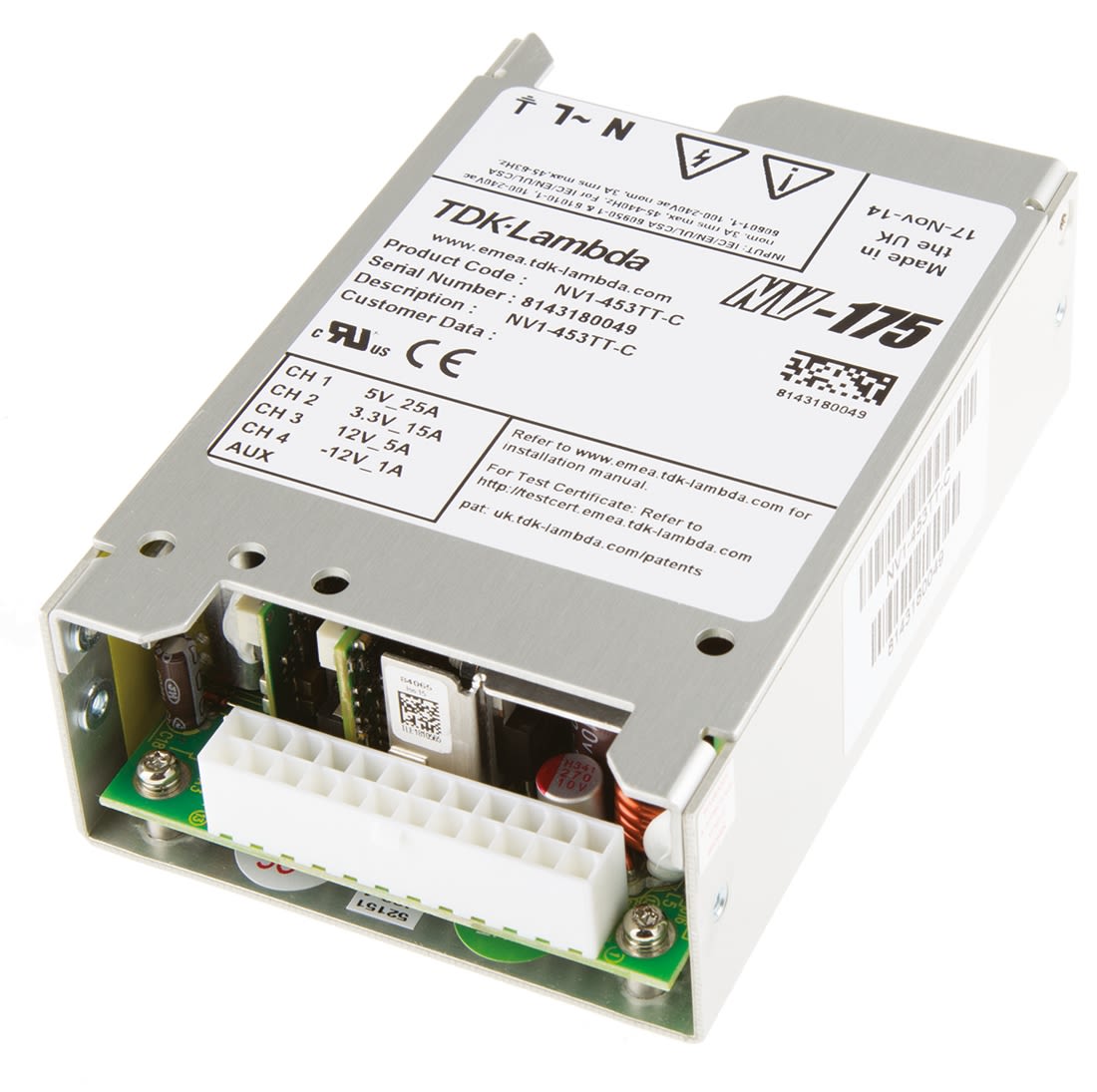 NV1-453TT-C | TDK-Lambda Enclosed, Switching Power Supply, 3.3 V dc, 5 V dc, 1 A, 5 A, 15 A, 25 ...