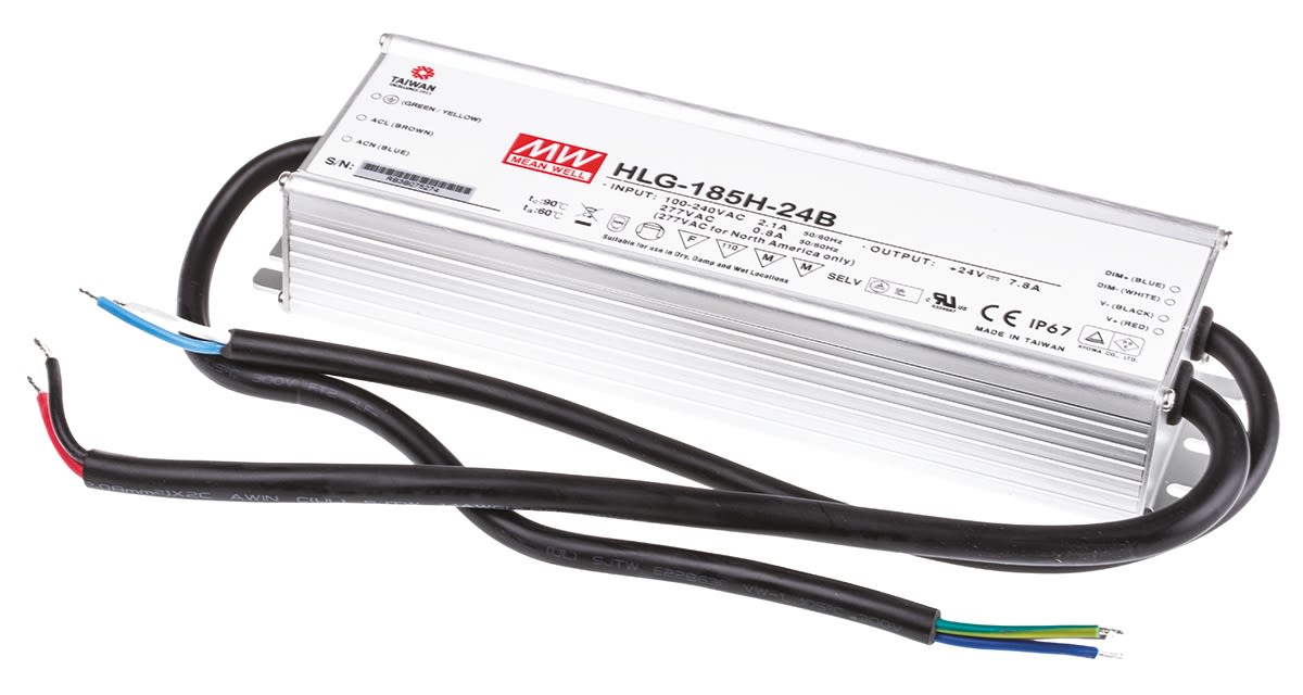 HLG-185H-24B | Mean Well Constant Current Dimmable LED Driver, 24V Output, 187.2W Output, 7.8A ...
