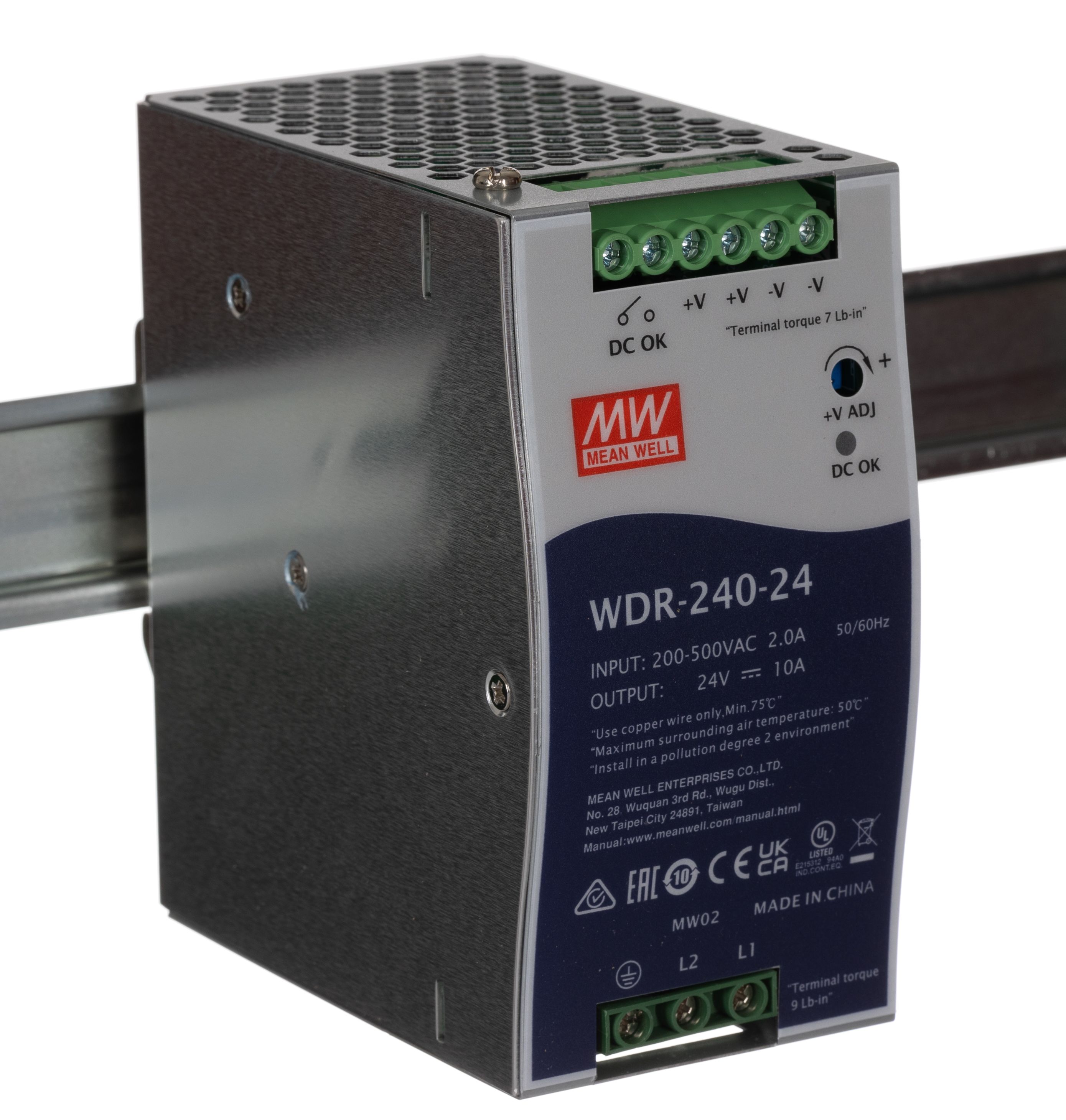 WDR-240-24 | Mean Well WDR Switch Mode DIN Rail Power Supply, 180 → 550V ac ac Input, 24V dc dc ...