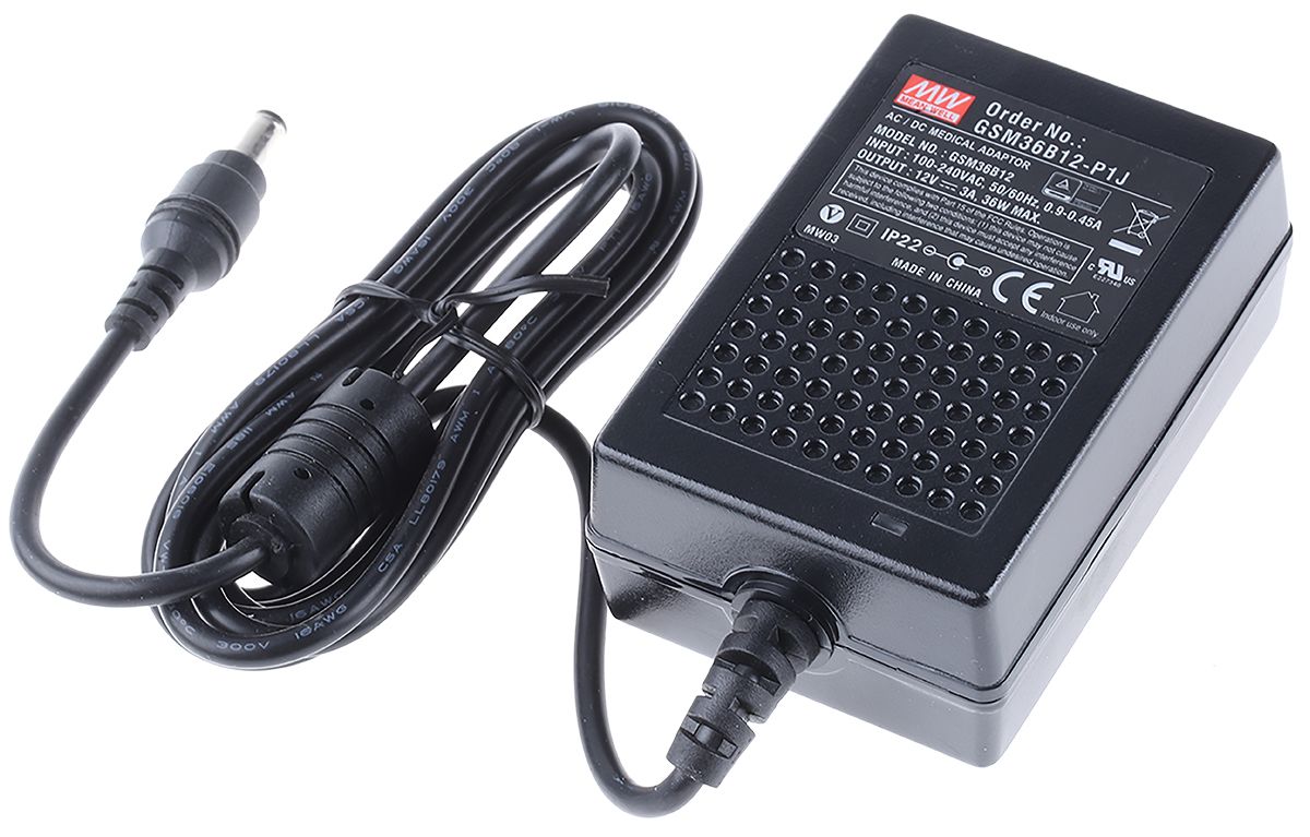 GSM36B12-P1J | Mean Well Power Brick AC/DC Adapter 12V dc Output, 3A ...