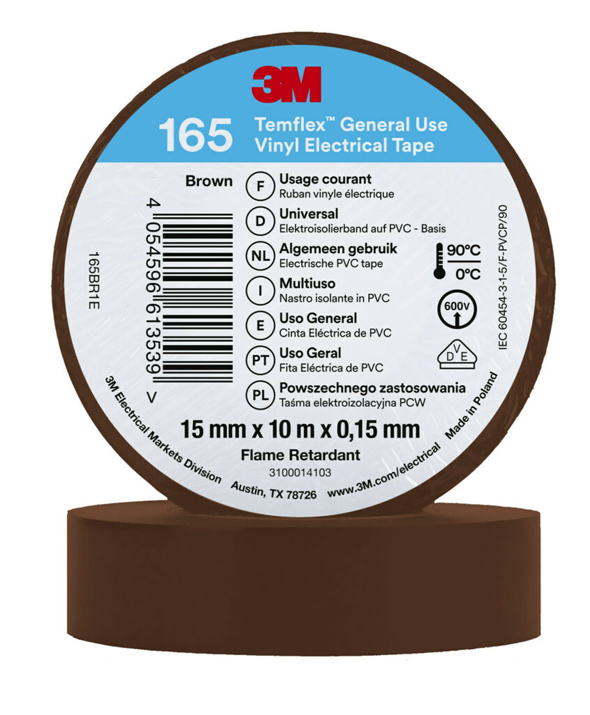 3M 165 brown 15mm x 10m | Cinta aislante de Vinilo de color Marrón, 15mm x 10m, grosor 0.152mm | RS