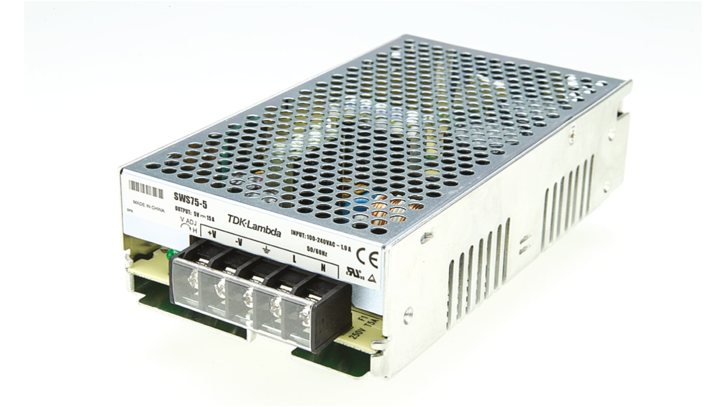 TDK-Lambda Embedded Switch Mode Power Supply (SMPS), SWS75-5, 5V dc, 15A, 75W, 1 Output, 120 → ...