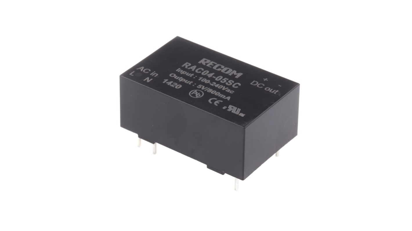 Recom Switching Power Supply, RAC04-05SC, 5V dc, 800mA, 4W, 1 Output ... Recom Switching Power Supply, RAC04-05SC, 5V dc, 800mA, 4W, 1 Output ...