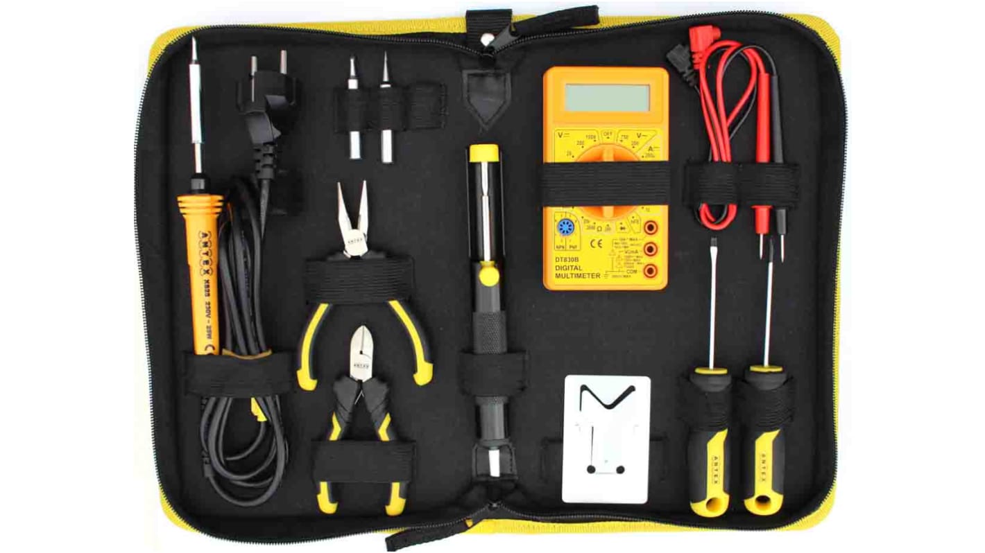 Electronics tool kit with soldering iron store